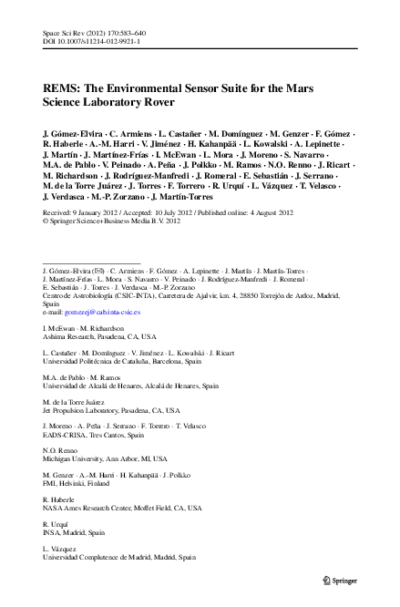 (PDF) REMS: The Environmental Sensor Suite for the Mars Science ...