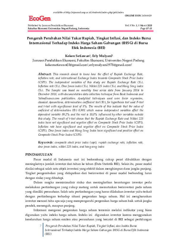 (PDF) Pengaruh Perubahan Nilai Tukar Rupiah, Tingkat Inflasi, dan Indeks Bursa Internasional ...