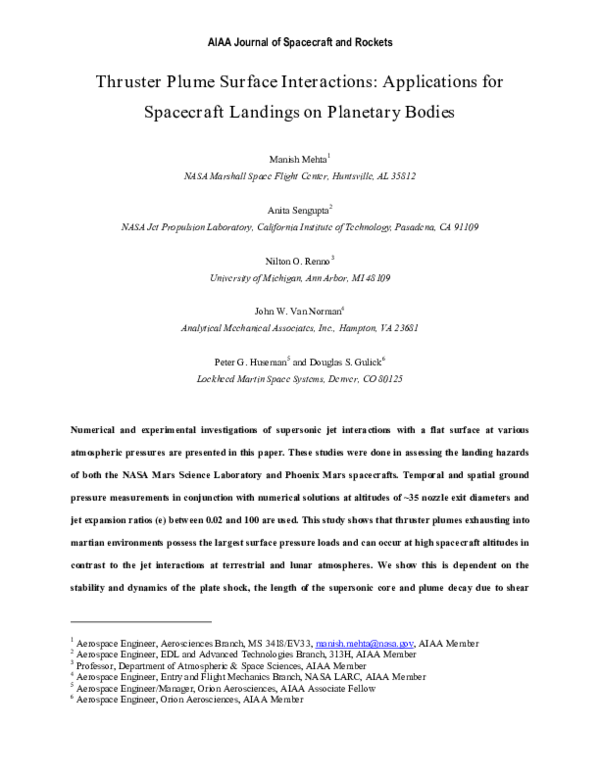 (PDF) Mars Landing Engine Plume Impingement Ground Interaction