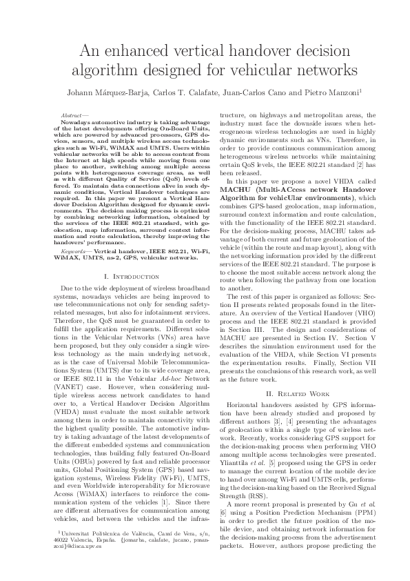 Pdf An Enhanced Vertical Handover Decision Algorithm Designed For Vehicular Networks Juan