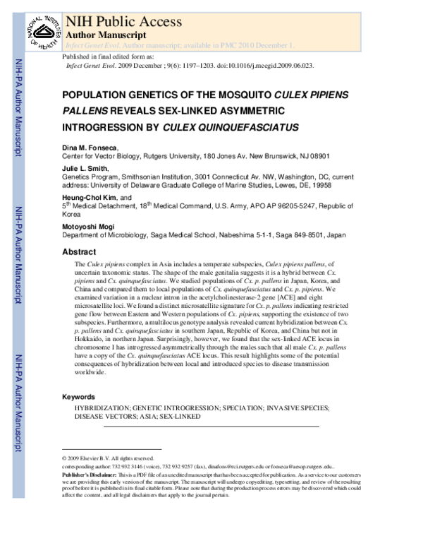 (PDF) Population genetics of the mosquito Culex pipiens pallens reveals sex-linked asymmetric ...