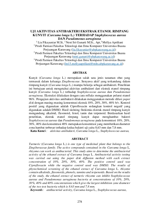 (PDF) UJI AKTIVITAS ANTIBAKTERI EKSTRAK ETANOL RIMPANG KUNYIT (Curcuma ...