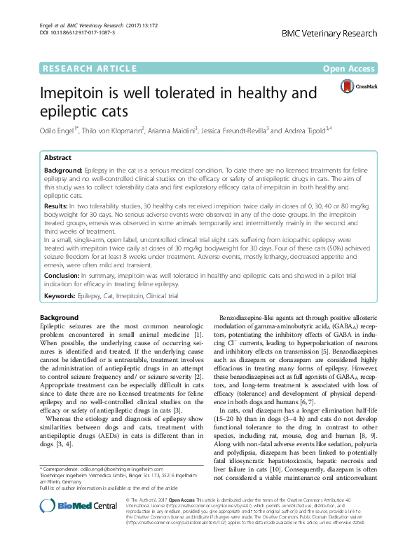 (PDF) Imepitoin is well tolerated in healthy and epileptic cats