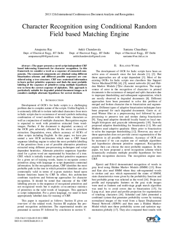 Character Recognition Using Conditional Random Field Based Recognition Engine