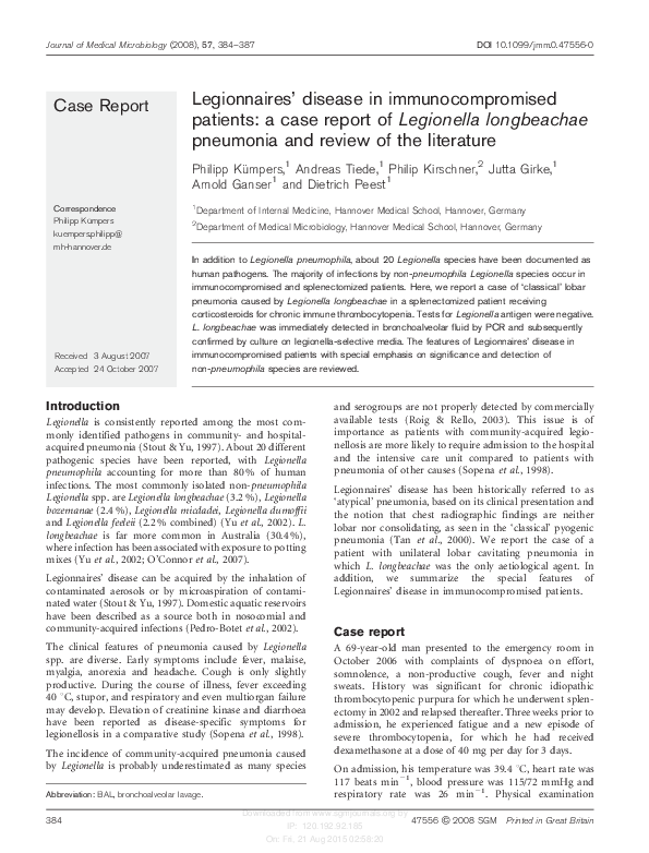 (PDF) Legionnaires' disease in immunocompromised patients: a case ...