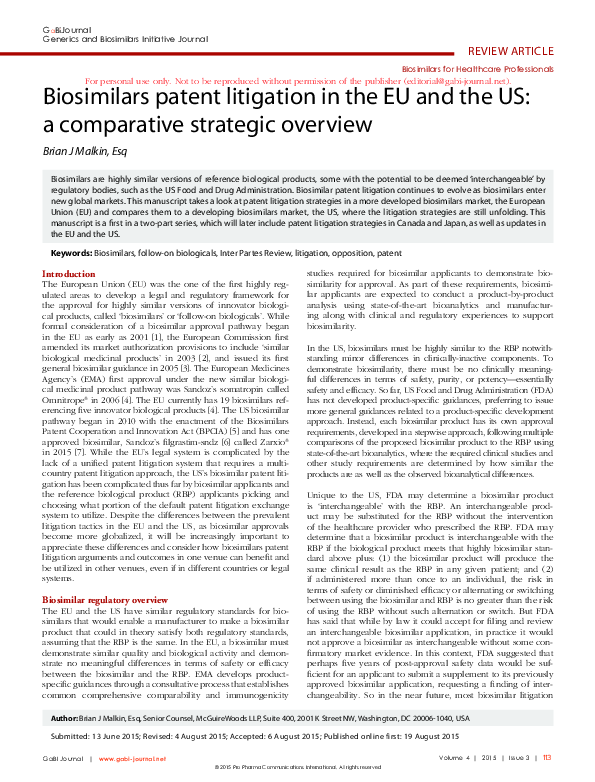 (PDF) Biosimilars patent litigation in the EU and the US: a comparative strategic overview