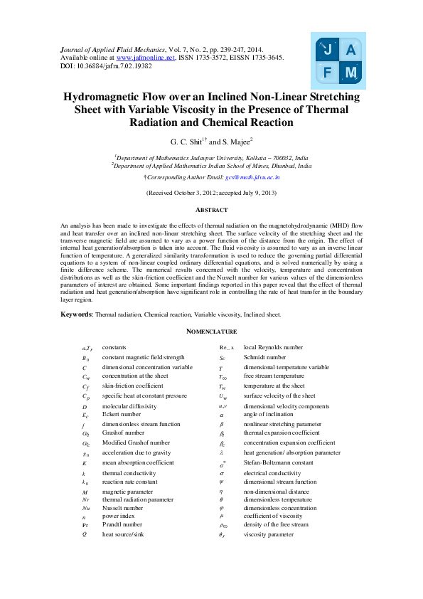 Pdf Hydromagnetic Flow Over An Inclined Non Linear Stretching Sheet With Variable Viscosity In