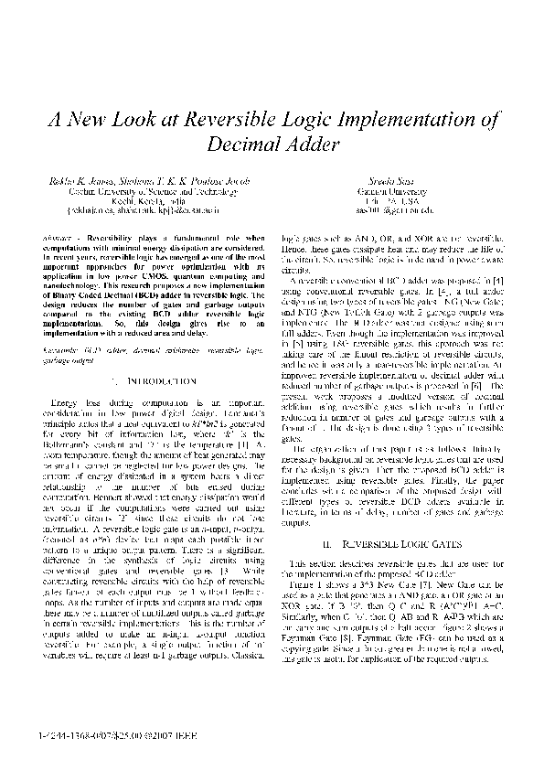 Pdf A New Look At Reversible Logic Implementation Of Decimal Adder