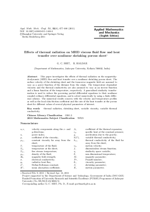 (PDF) Effects of thermal radiation on MHD viscous fluid flow and heat transfer over nonlinear ...