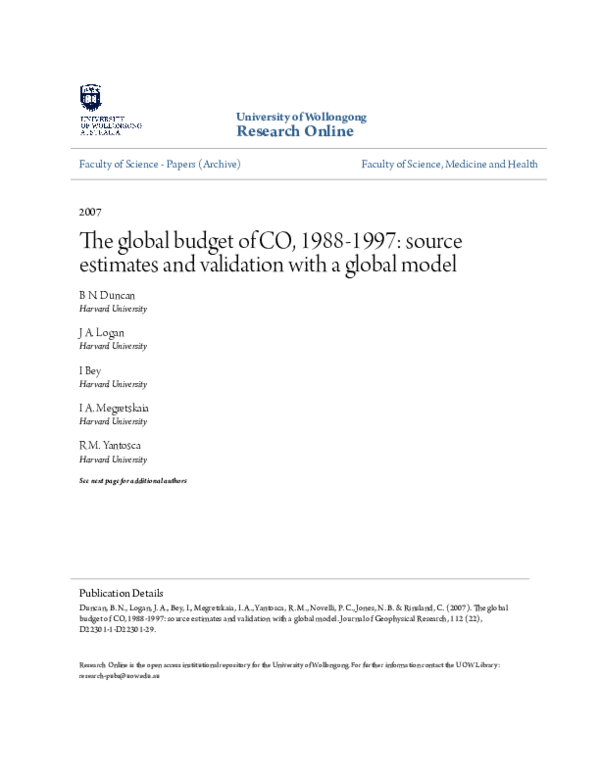 (PDF) Global budget of CO, 1988 1997: Source estimates and validation ...