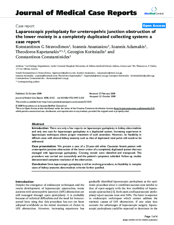 (PDF) Laparoscopic pyeloplasty for ureteropelvic junction obstruction ...