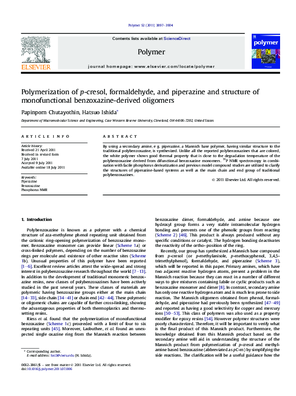 (PDF) Polymerization of p-cresol, formaldehyde, and piperazine and ...