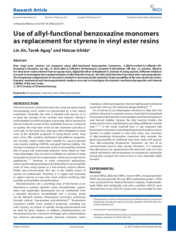(PDF) Use of allyl-functional benzoxazine monomers as replacement for ...
