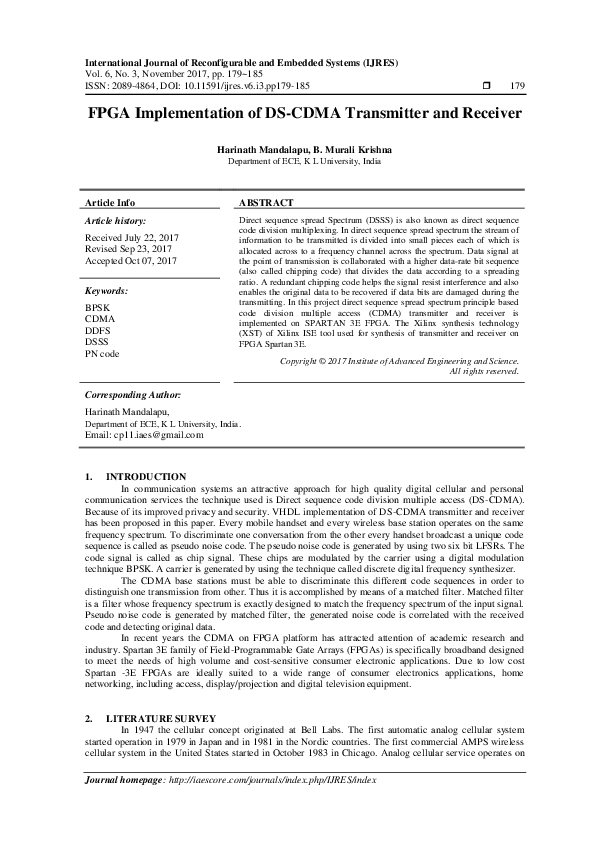 Pdf Fpga Ds Cdma Transmitter And Receiver Design