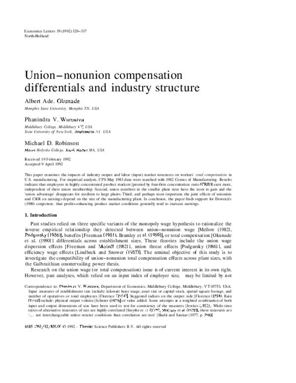 (PDF) Union-nonunion compensation differentials and industry structure