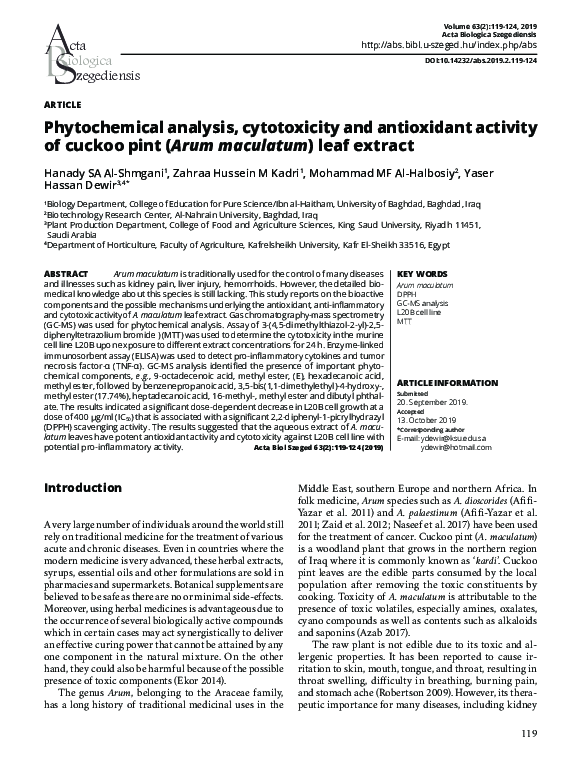 (PDF) Phytochemical analysis, cytotoxicity and antioxidant activity of cuckoo pint (Arum ...