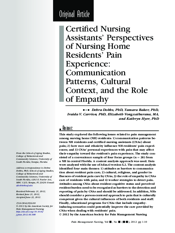 (PDF) Certified Nursing Assistants' Perspectives of Nursing Home Residents' Pain Experience ...