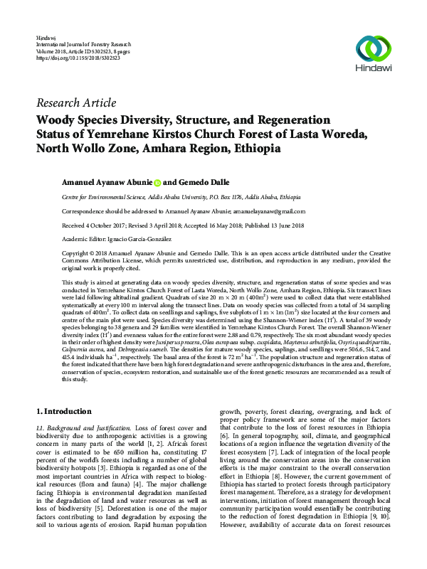 (PDF) Woody Species Diversity, Structure, and Regeneration Status of ...