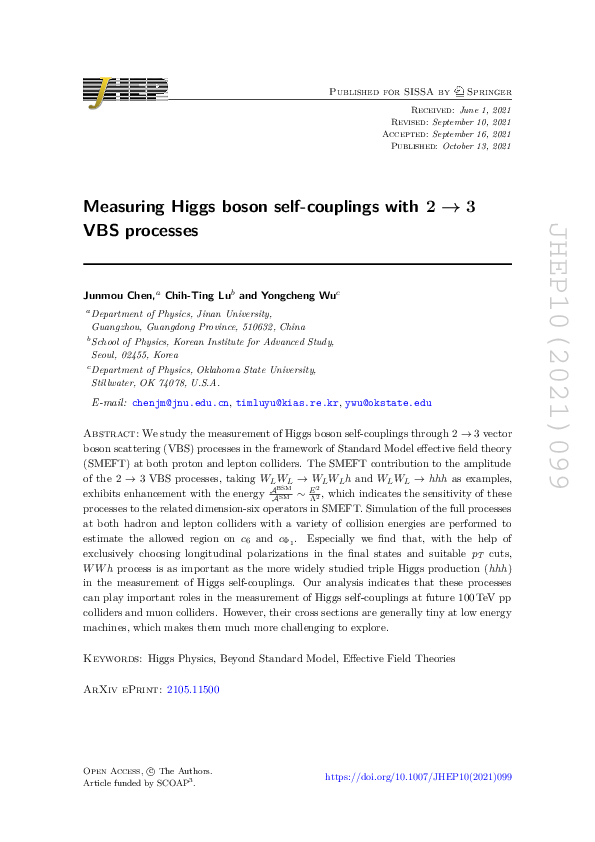 (PDF) Measuring Higgs boson self-couplings with 2 → 3 VBS processes