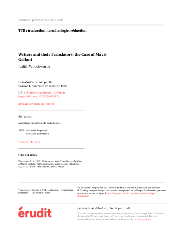 (PDF) Writers and their Translators: the Case of Mavis Gallant | Judith ...