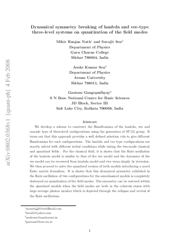 Pdf Dynamical Symmetry Breaking Of Lambda And Vee Type Three Level