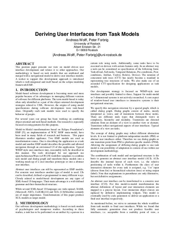 Pdf Deriving User Interfaces From Task Models