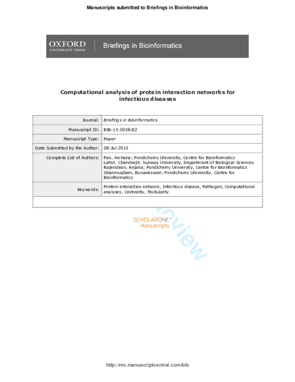 Pdf Computational Analysis Of Protein Interaction Networks For Infectious Diseases