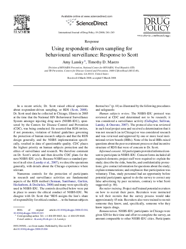 (PDF) Using respondent-driven sampling for behavioural surveillance: response to Scott | Timothy ...