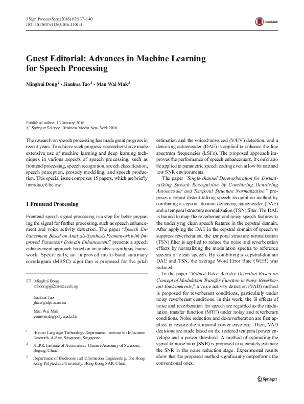 (PDF) Guest Editorial: Advances in Machine Learning for Speech Processing