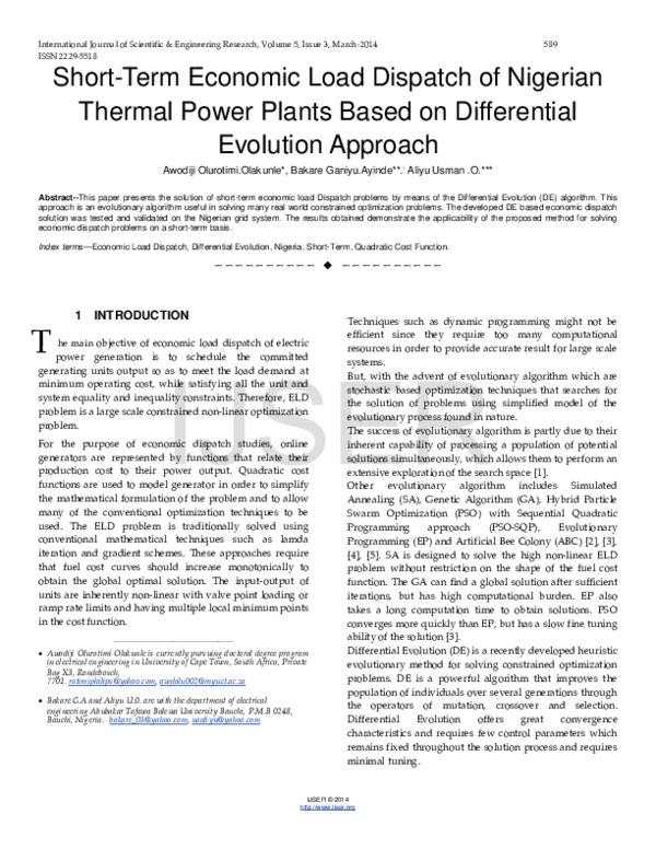 (PDF) Short-Term Economic Load Dispatch of Nigerian Thermal Power ...