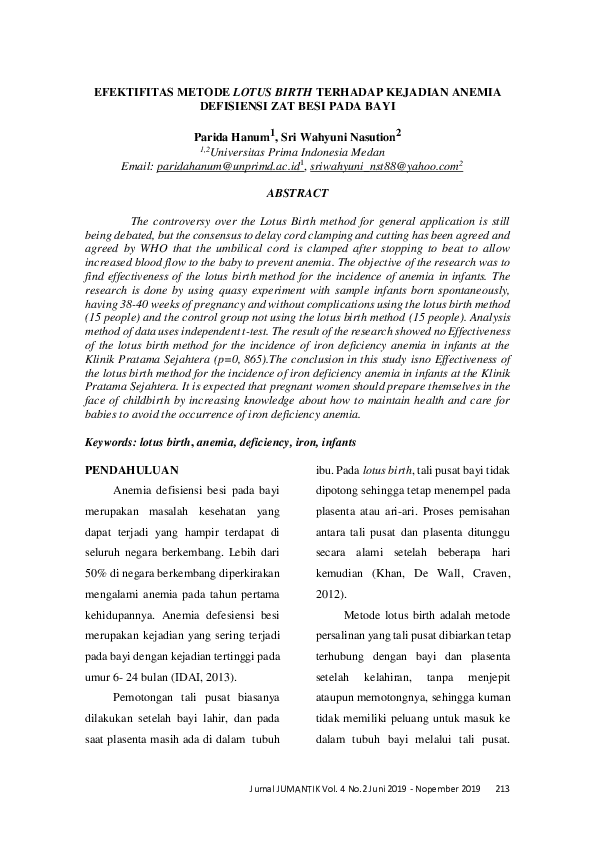 (PDF) Efektifitas Metode Lotus Birth Terhadap Kejadian Anemia ...