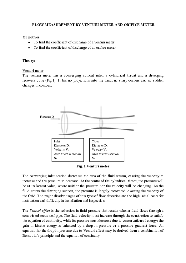 (PDF) FLOW MEASUREMENT BY VENTURI METER AND ORIFICE METER Objectives ...
