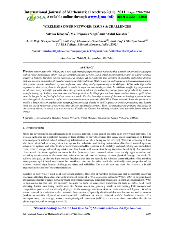(PDF) • Wireless Sensor Network: Issues & Challenges (PDF) • Wireless Sensor Network: Issues & Challenges
