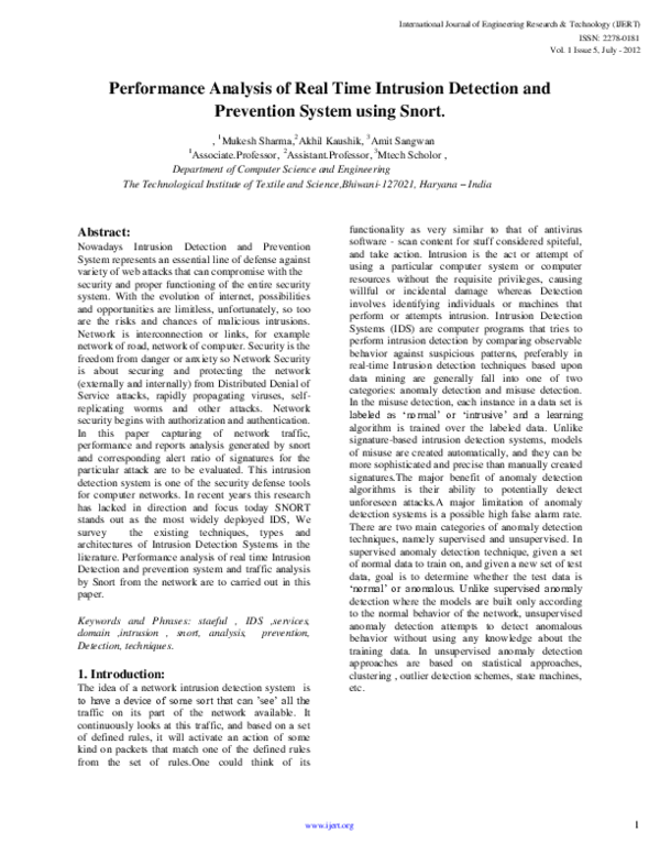 (PDF) Performance Analysis of Real Time Intrusion Detection and Prevention System using Snort