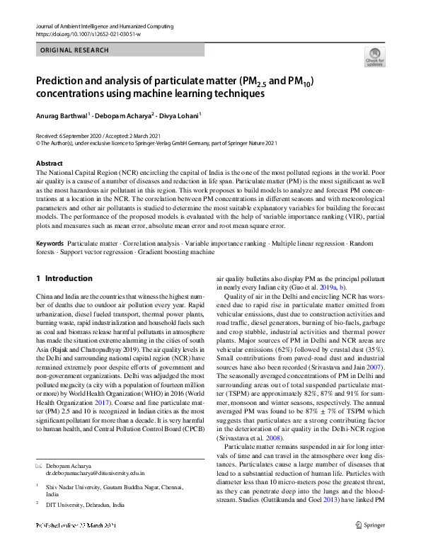 Pdf Prediction And Analysis Of Particulate Matter Pm2 5 And Pm10 Concentrations Using