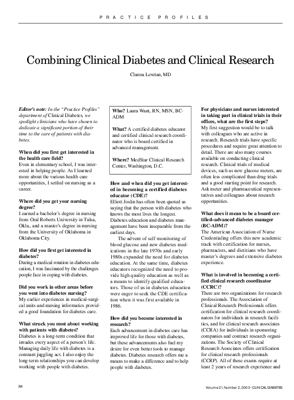 (PDF) Combining Clinical Diabetes and Clinical Research | Claresa ...
