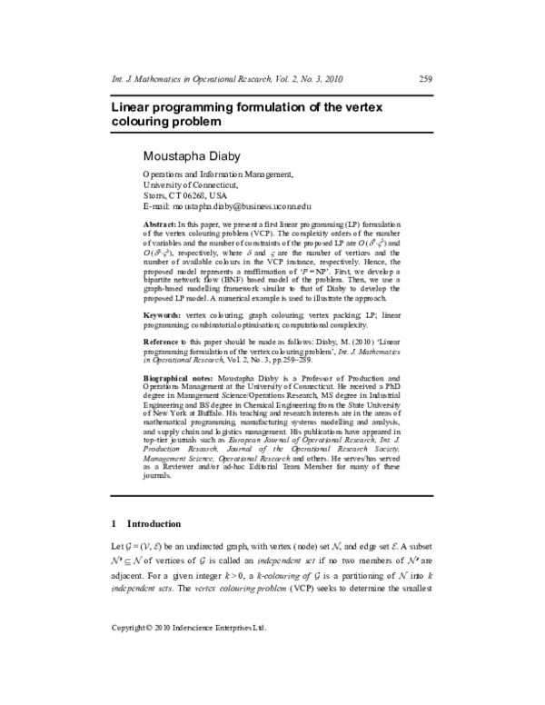Pdf Linear Programming Formulation Of The Vertex Colouring Problem 9551