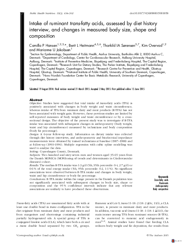 (PDF) Intake of ruminant trans-fatty acids, assessed by diet history ...