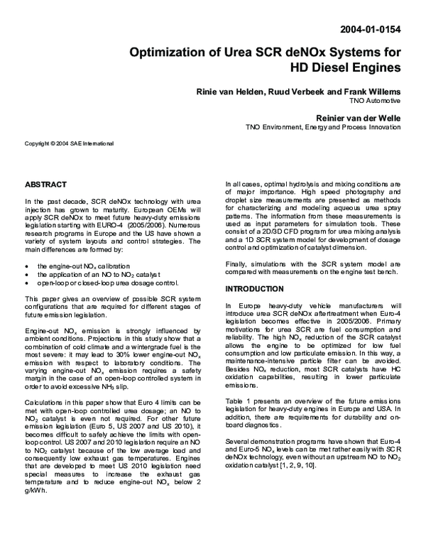 (PDF) Optimization of Urea SCR deNOx Systems for HD Diesel Engines