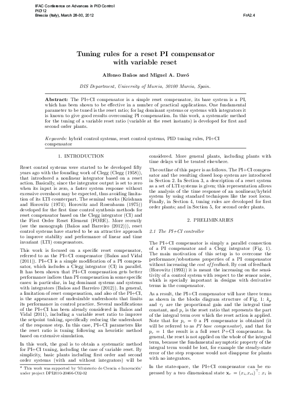 (PDF) Tuning rules for a reset PI compensator with variable reset