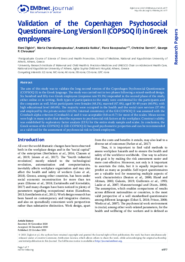 (PDF) Validation of the Copenhagen Psychosocial Questionnaire-Long Version II (COPSOQ II) in ...