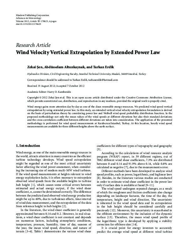 (PDF) Wind Velocity Vertical Extrapolation by Extended Power Law