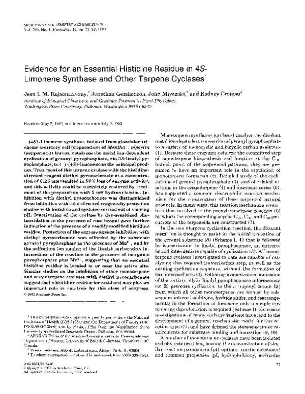 (PDF) Evidence for an essential histidine residue in 4S-limonene ...