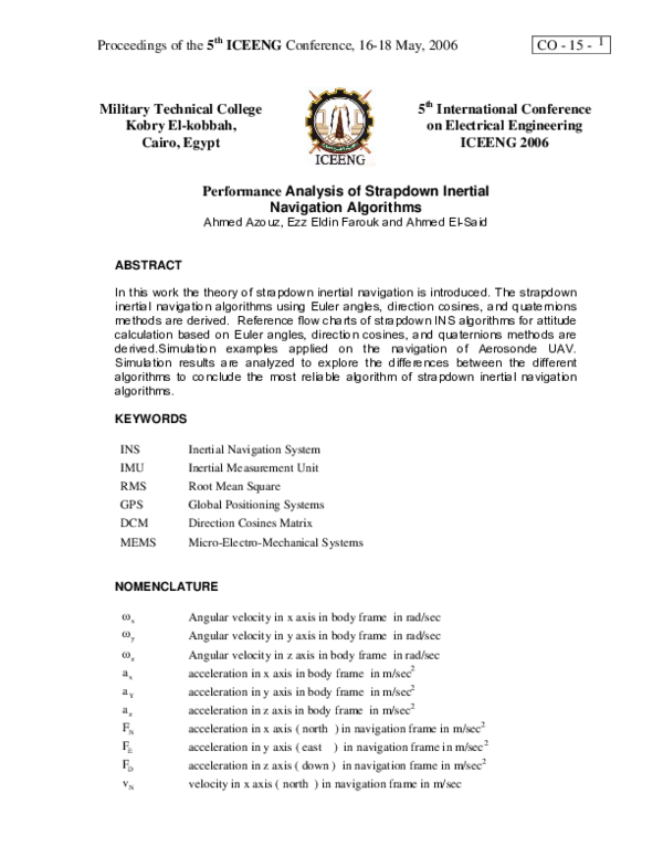 (PDF) Performance Analysis of Strapdown Inertial Navigation Algorithms | Ahmed Azouz - Academia.edu