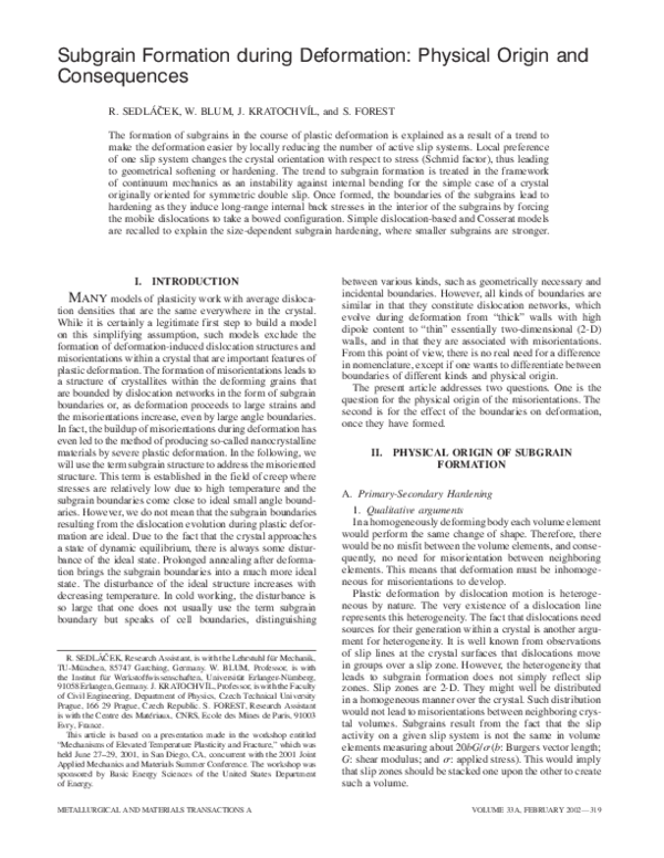(PDF) Subgrain formation during deformation: Physical origin and ...