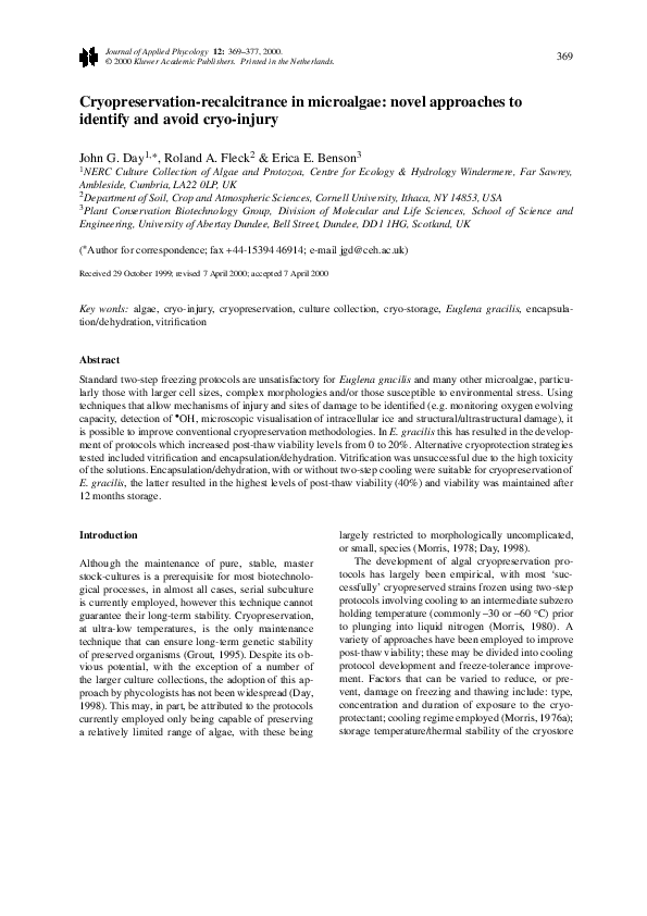 (PDF) Cryopreservation-recalcitrance in microalgae: novel approaches to ...