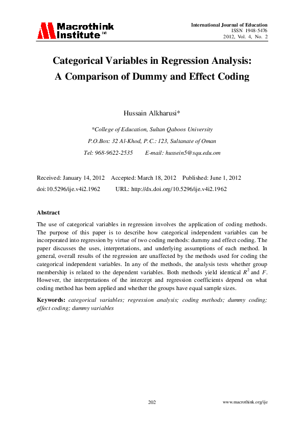 (PDF) Categorical Variables in Regression Analysis: A Comparison of Dummy and Effect Coding
