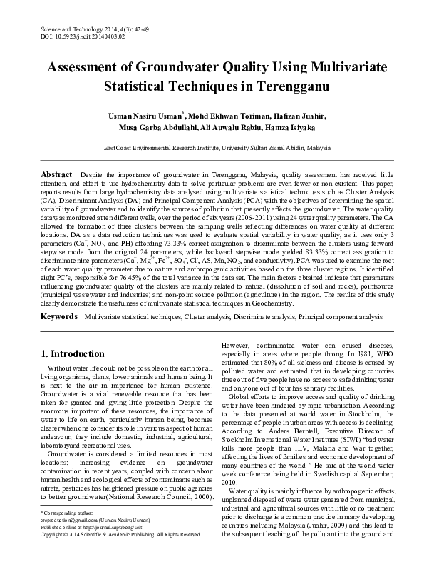 Pdf Assessment Of Groundwater Quality Using Multivariate Statistical Techniques In Hashtgerd