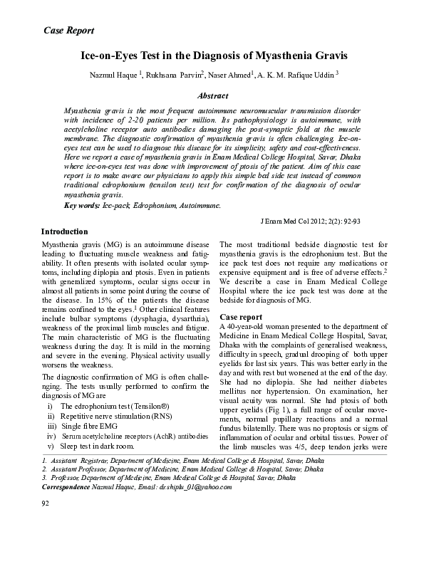 (PDF) Ice-on-Eyes Test in the Diagnosis of Myasthenia Gravis