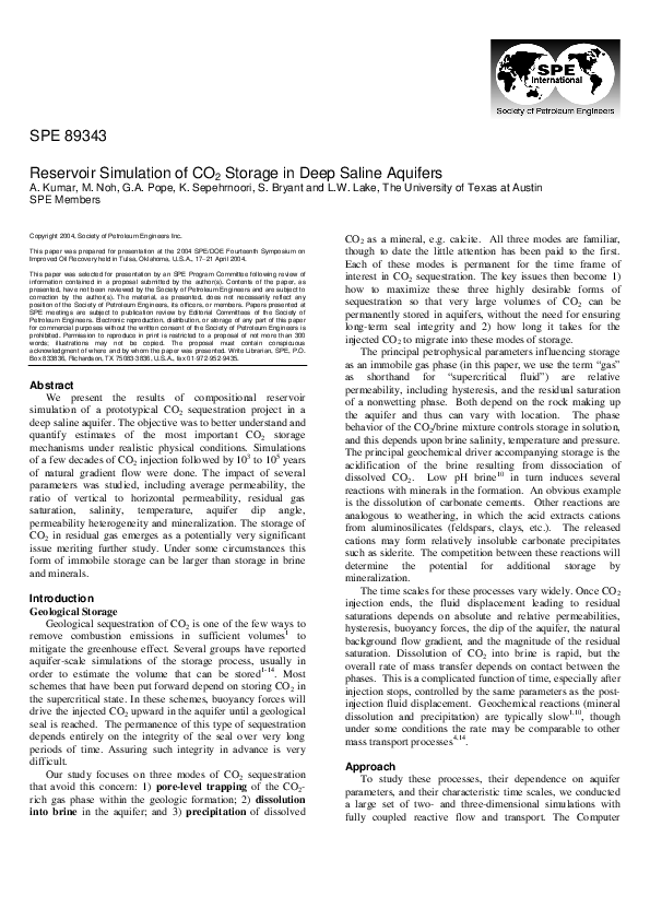 (PDF) Reservoir simulation of CO2 storage in deep saline aquifers ...